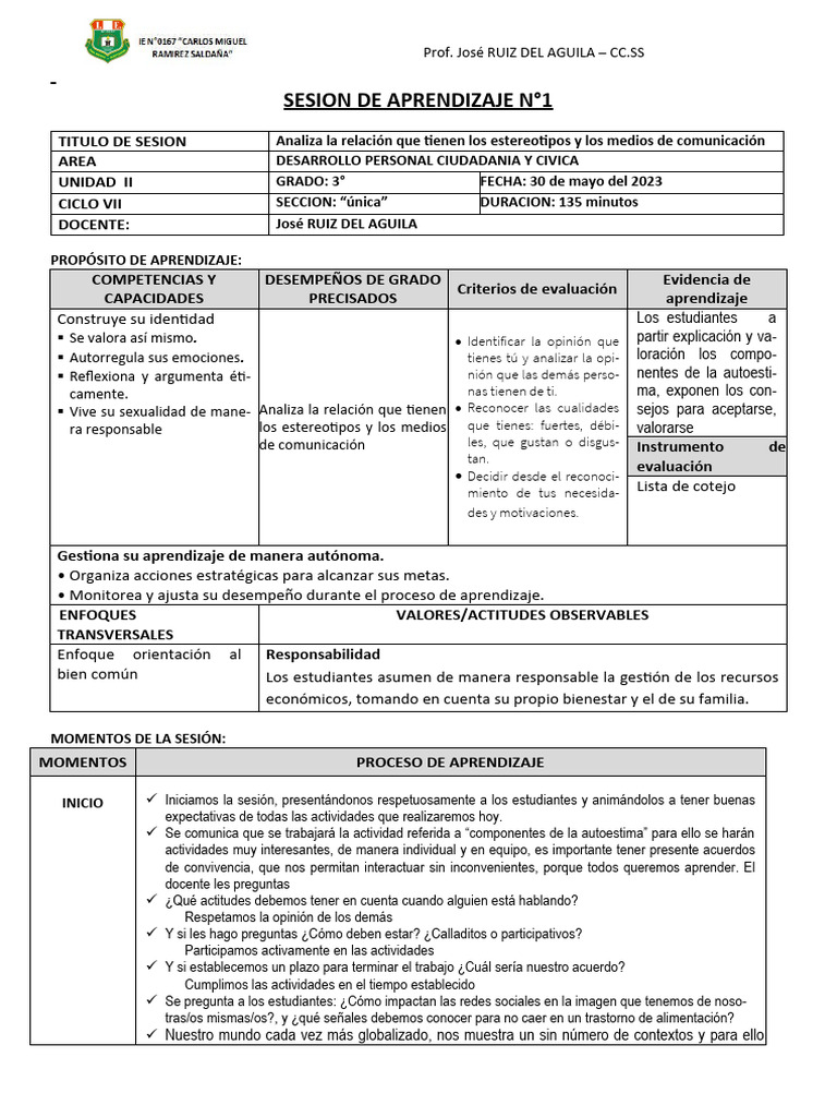 Sesion 1 DPCC 3 | PDF | Evaluación | Autoestima