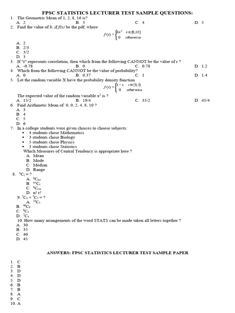FPSC Statistics Lecturer Test Sample Questions | PDF | Mean | Odds