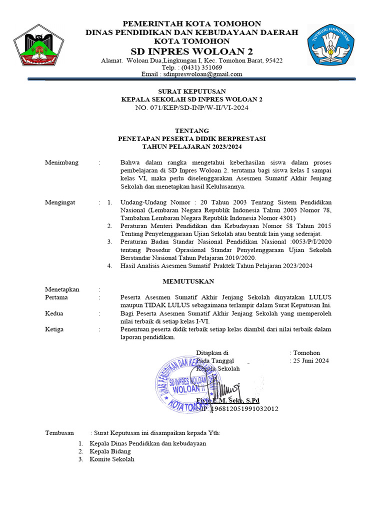 Surat Keputusan Siswa Berprestasi 2024 | PDF