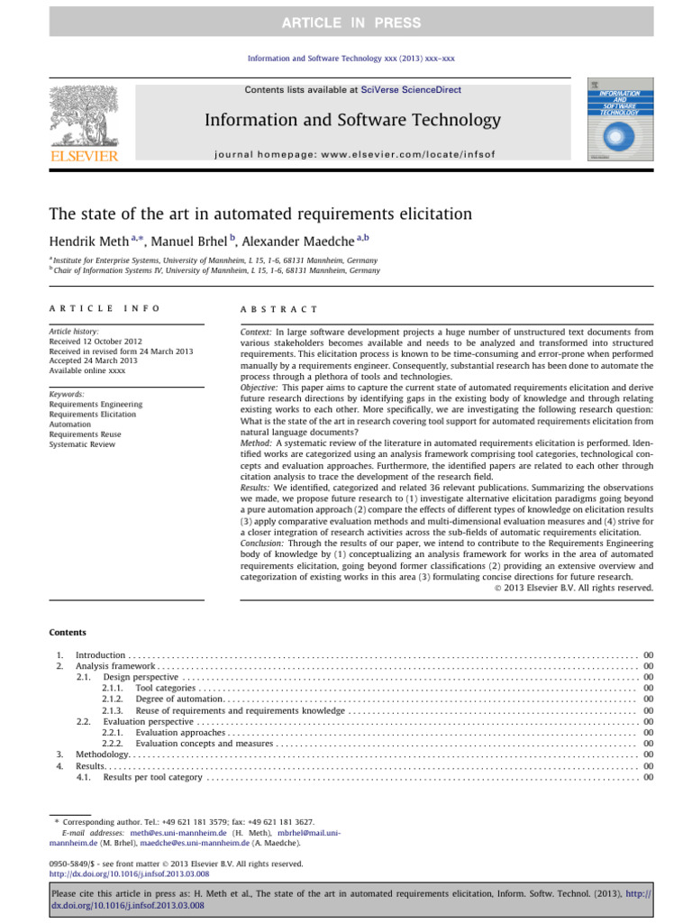 The State Ofthe Art Inautomated Requirements Elicitation 2013 Pdf Accuracy And Precision