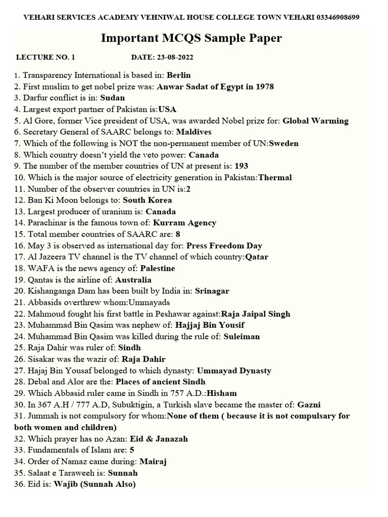 Important Mcqs Sample Paper For Public Service Commission One Paper ...