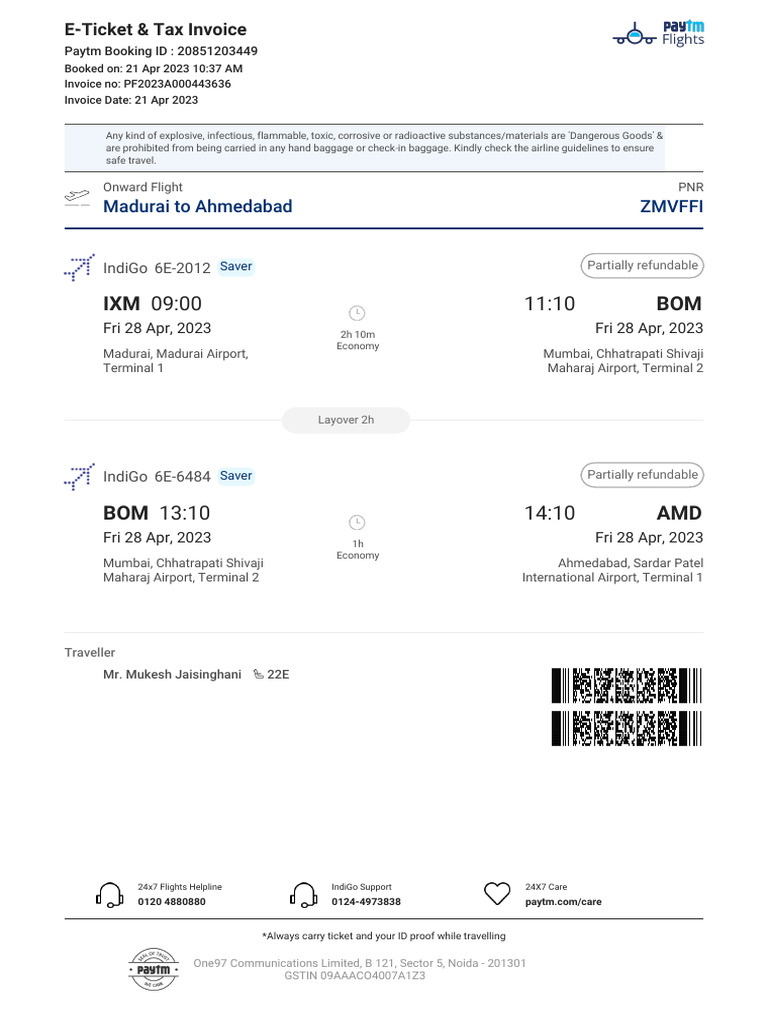 E-Ticket and Invoice for IndiGo Flight | PDF | Airport | Fee