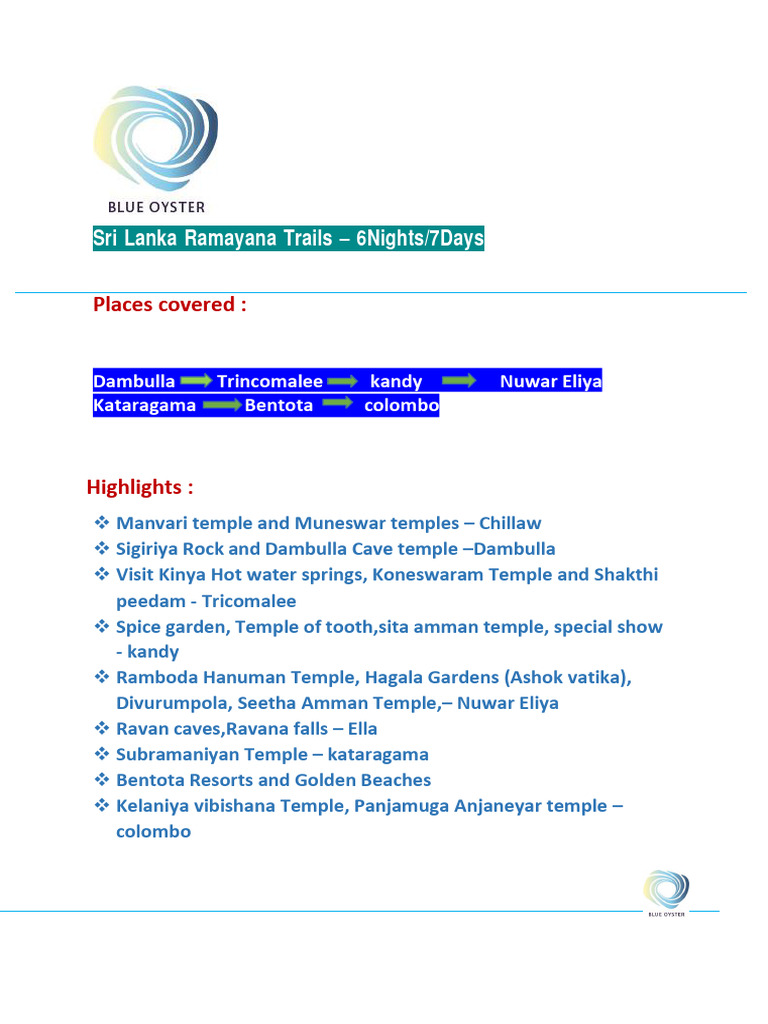 6N 7D Package Sri Lanka Ahed | PDF | Sita | Ramayana