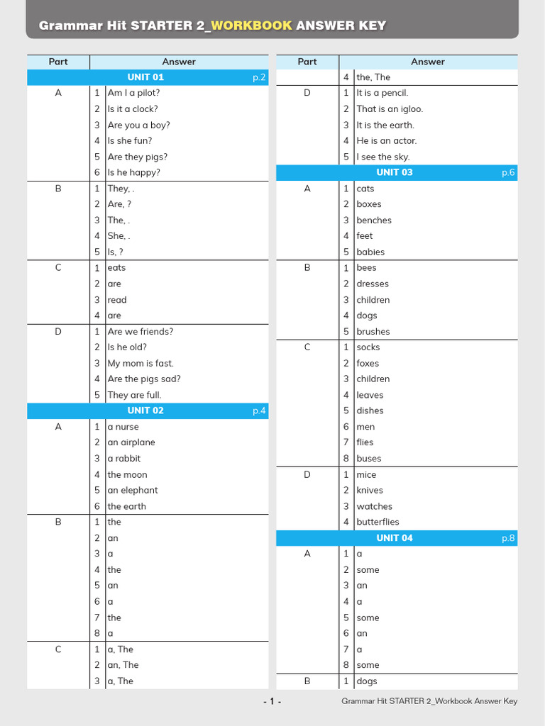 Grammar Hit Starter 2 Workbook Answer Key | PDF
