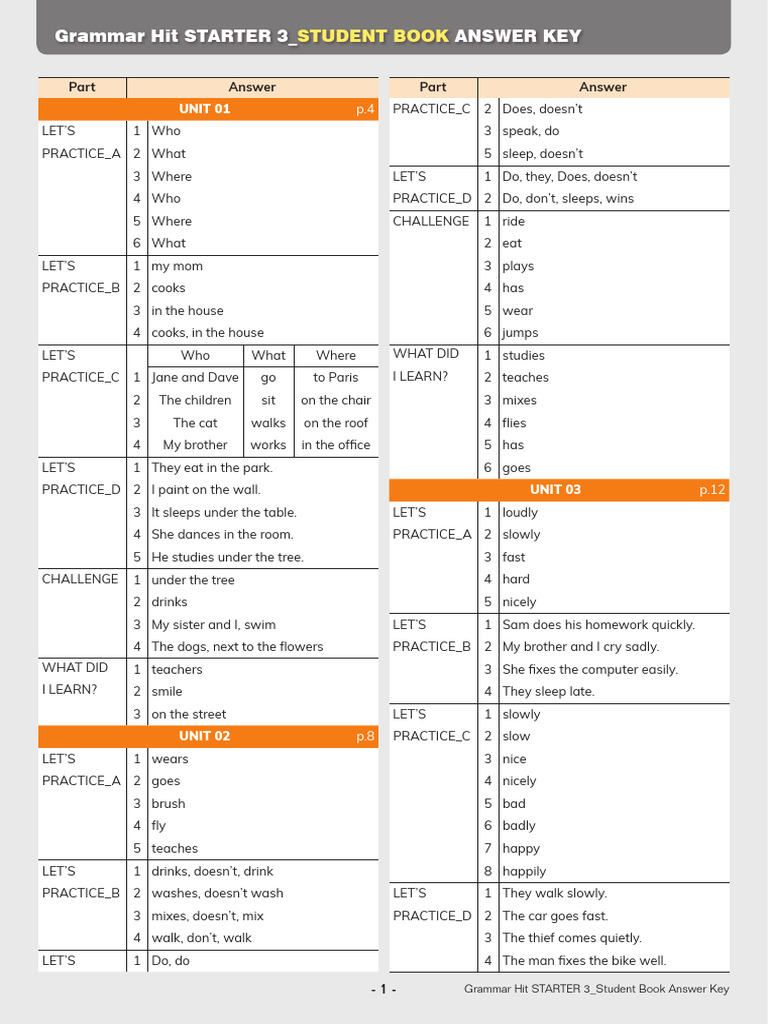 Grammar Hit Starter 3 Student Book Answer Key | PDF