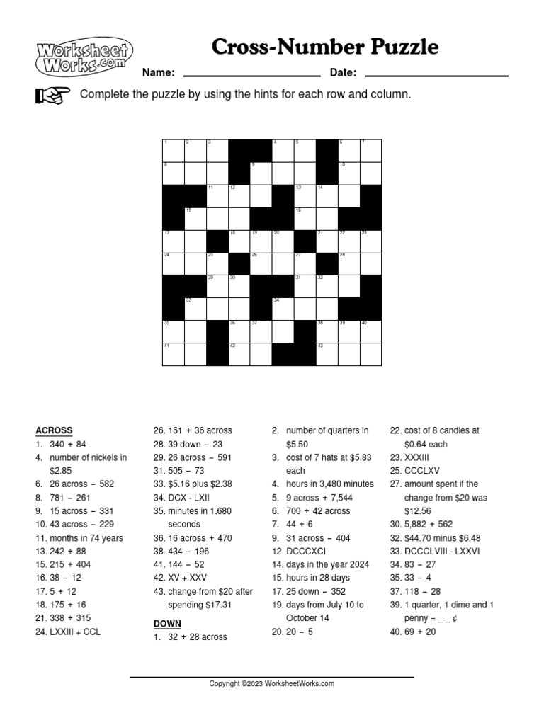 WorksheetWorks CrossNumber Puzzle 1 | PDF