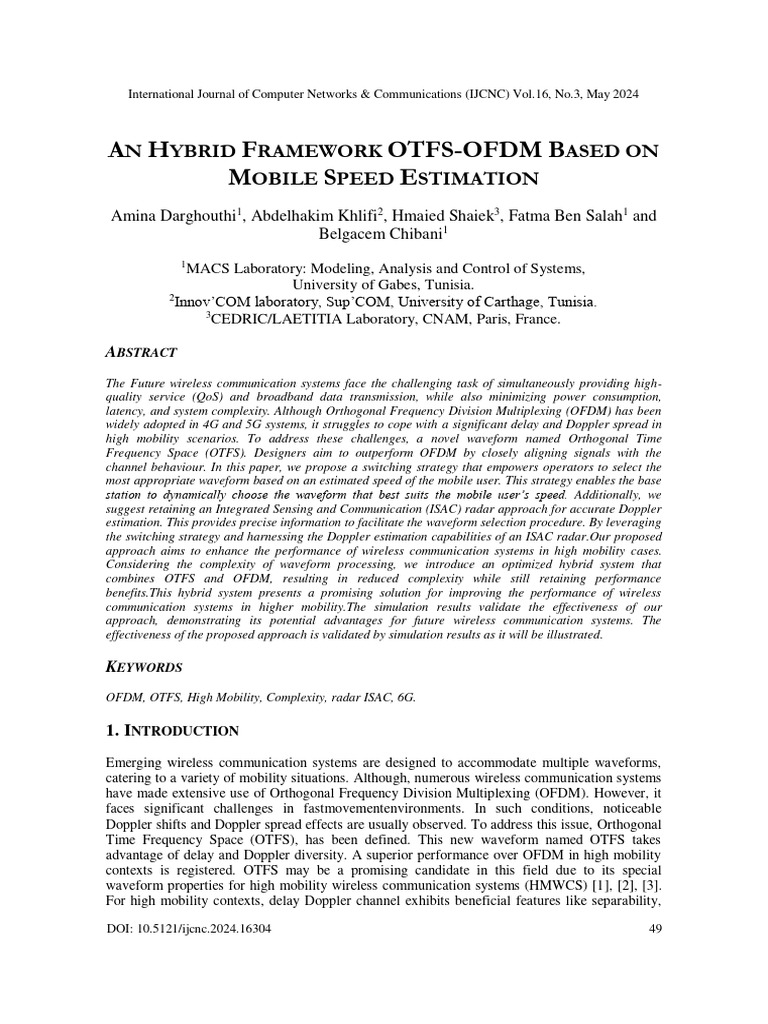 An Hybrid Framework Otfs Ofdm Based On Mobile Speed Estimation Pdf