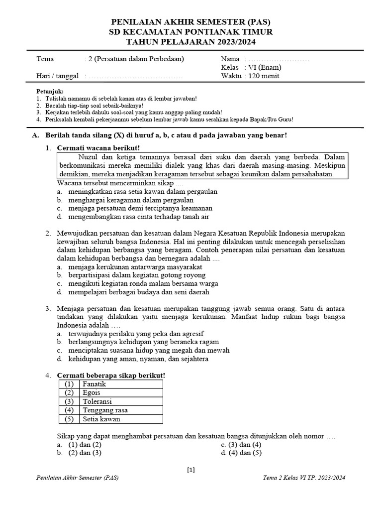Soal PAS Tema 2 Kelas 6 - 2023 | PDF