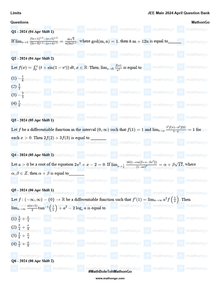 Limits - JEE Main 2024 April Question Bank - MathonGo | PDF | Functions And Mappings | Special ...