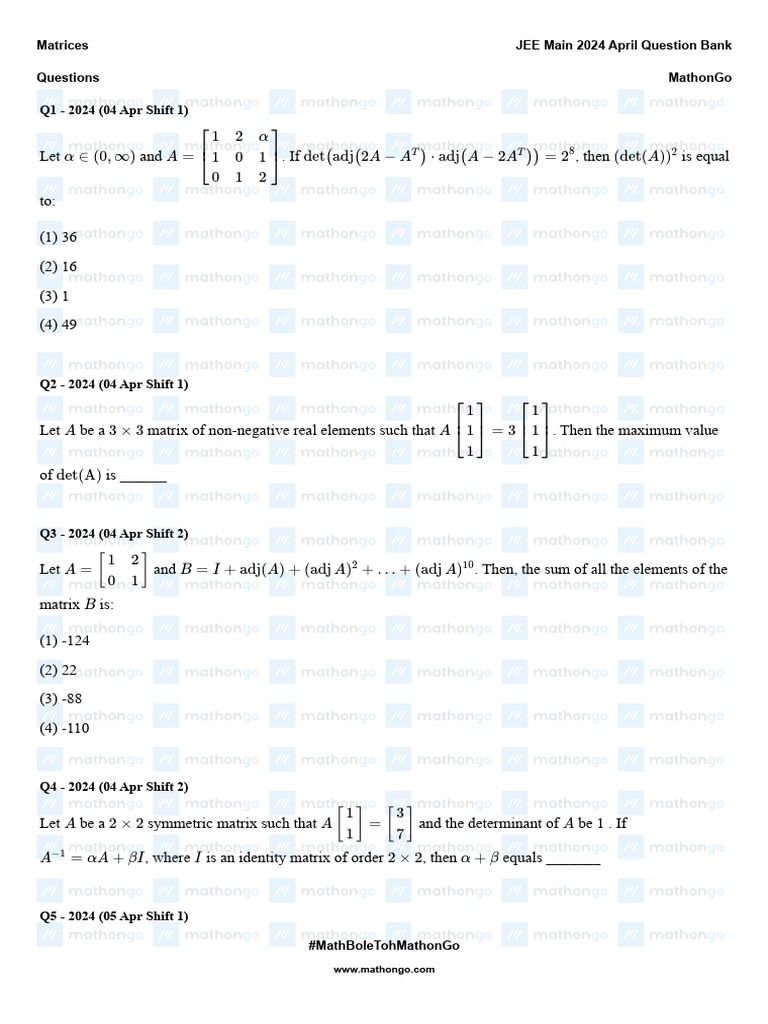 Matrices - JEE Main 2024 April Question Bank - MathonGo | PDF | Matrix ...