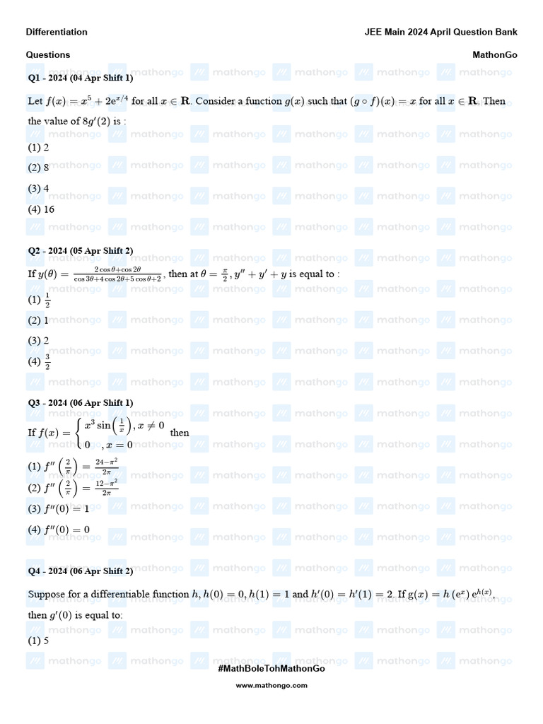 Differentiation JEE Main 2024 April Question Bank MathonGo | PDF