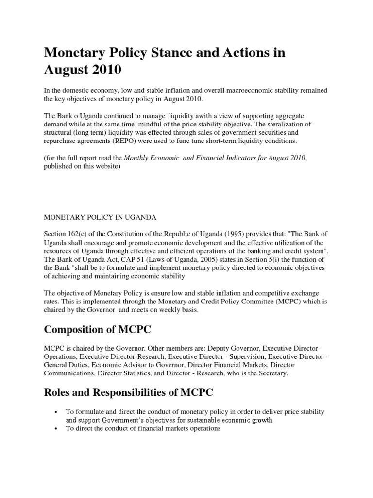 Monetary Policy Stance and Actions in August 2010 | PDF | Monetary ...