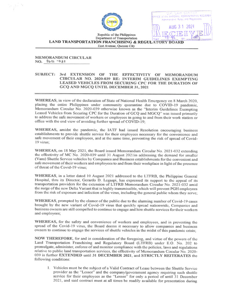 LTFRB MC 2021-052 | PDF