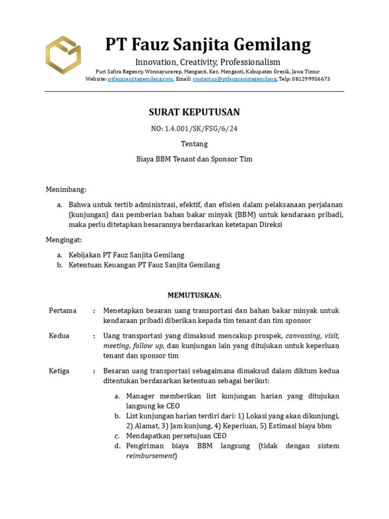 Surat Keputusan Biaya BBM - TTD | PDF | Bisnis