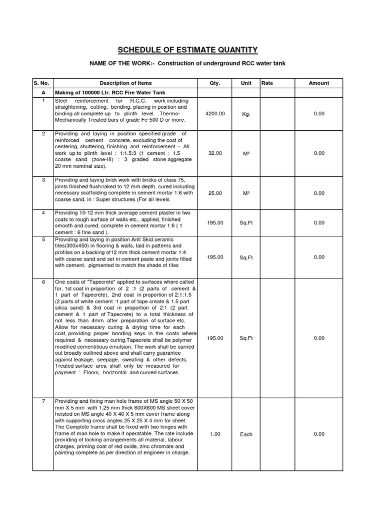 Fire Water Tank Estimate | PDF | Concrete | Cement