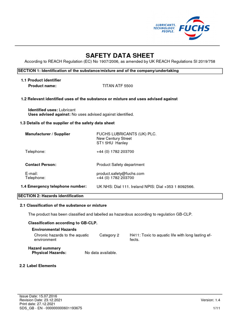 TITAN ATF 5500 Safety Data Sheet | PDF | Toxicity | Dangerous Goods