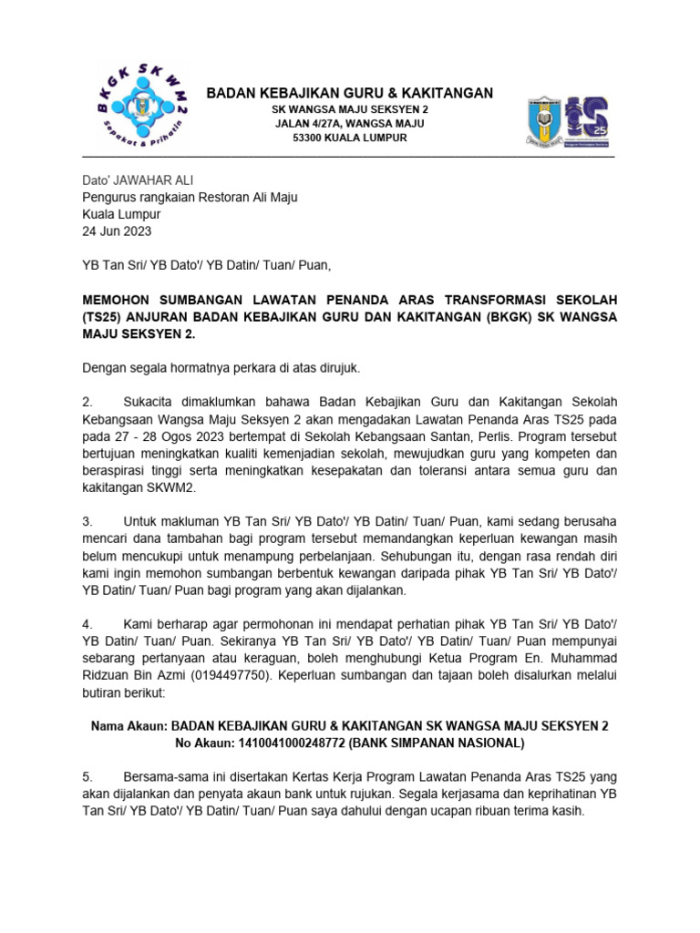 Surat Mohon Sumbangan Lawatan Penanda Aras | PDF