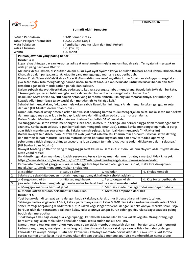 Pai Kelas Vii Sas Ganjil 2023 | PDF | Agama & Spiritualitas