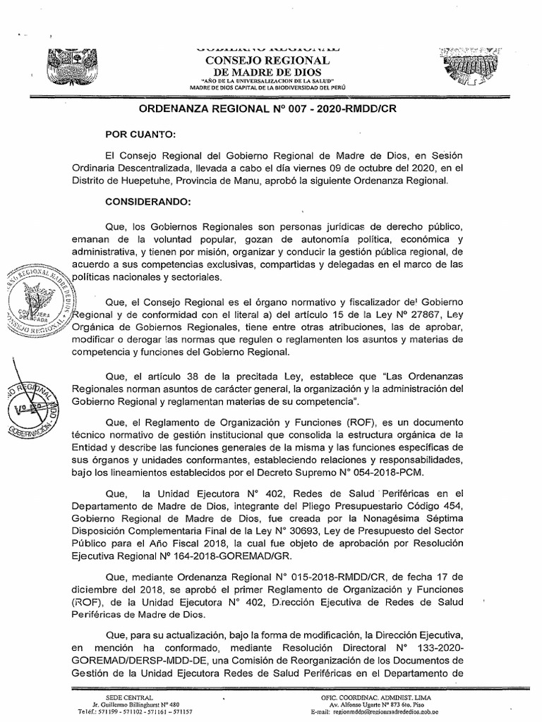 Rof-Red de Salud-Or 007-2020-RMDD | PDF | Regulación | Gobierno