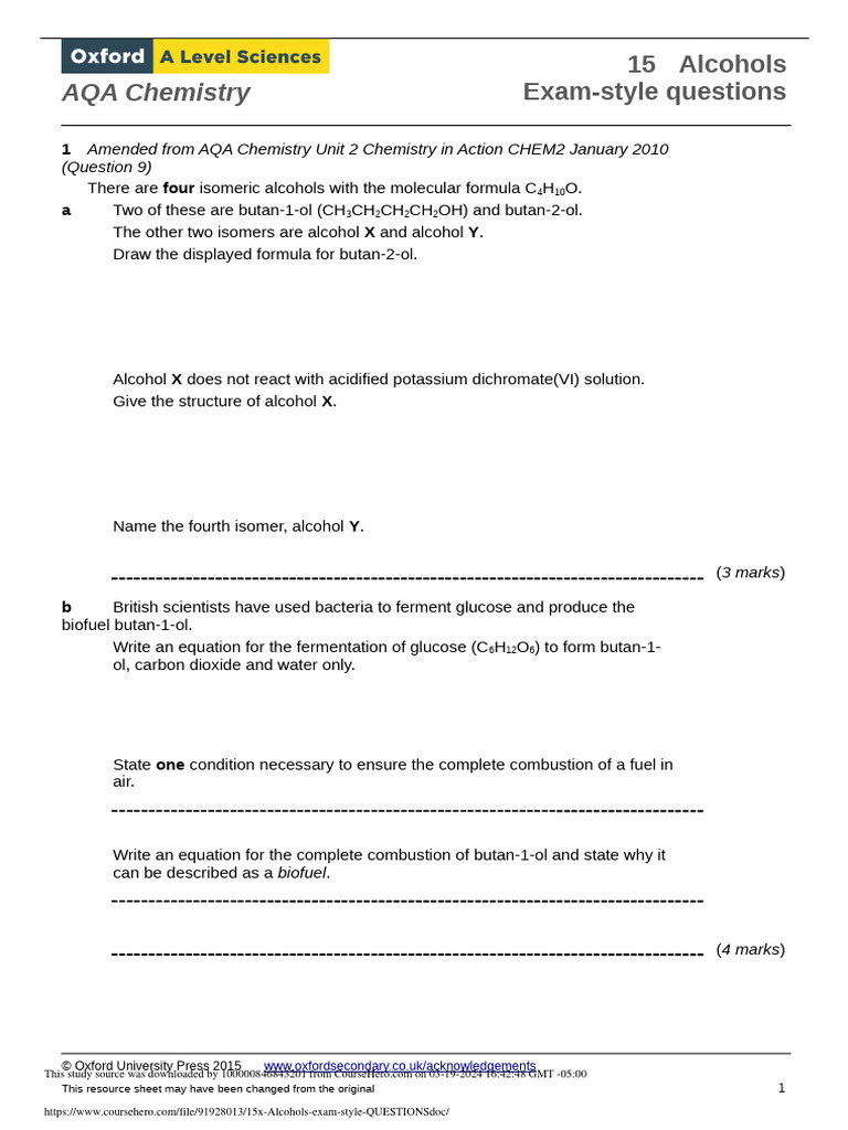 15.x_Alcohols___exam_style_QUESTIONS.doc | PDF | Ethanol | Redox