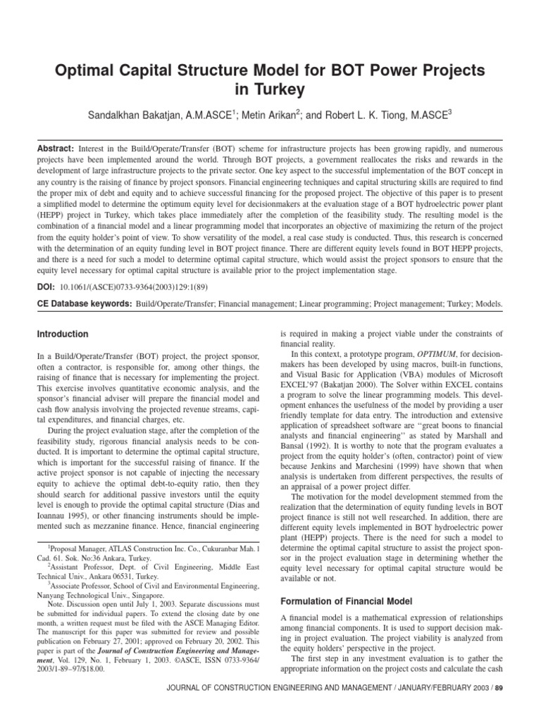 Optimal Capital Structure Model of BOT Power Projects in Turkey | PDF | Internal Rate Of Return ...