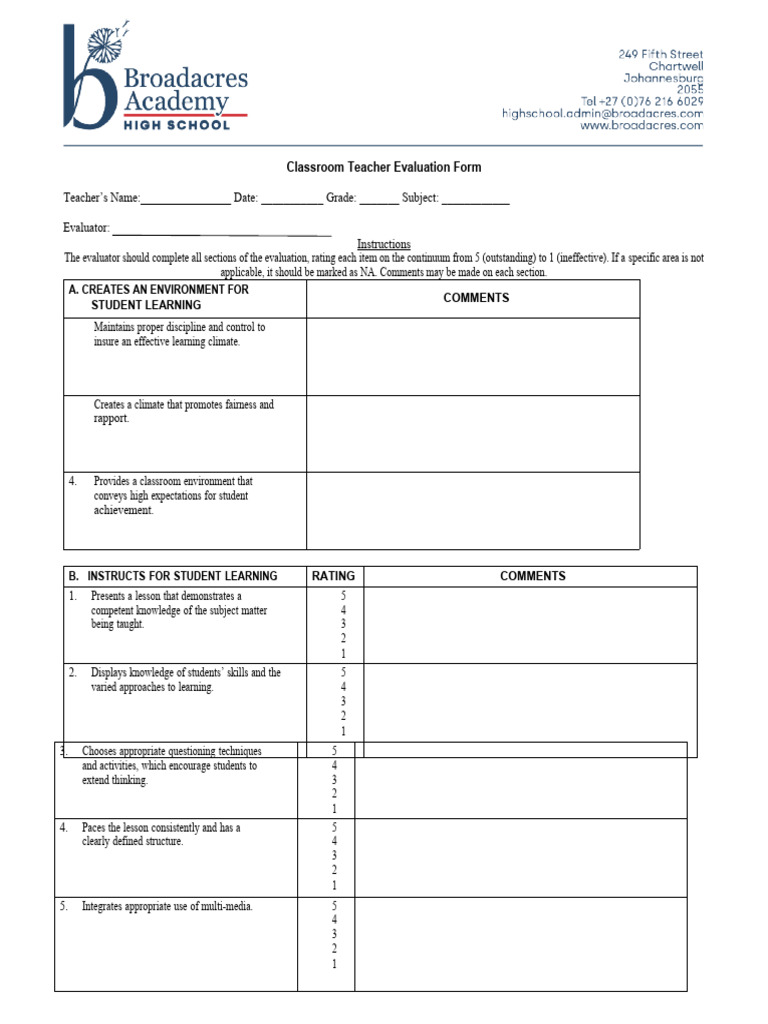 Classroom Teacher Evaluation Form | PDF | Teachers | Learning