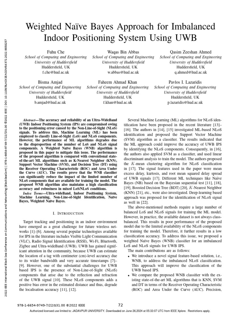 Weighted Naive Bayes Approach For Imbalanced Indoor Positioning System Using UWB | PDF ...