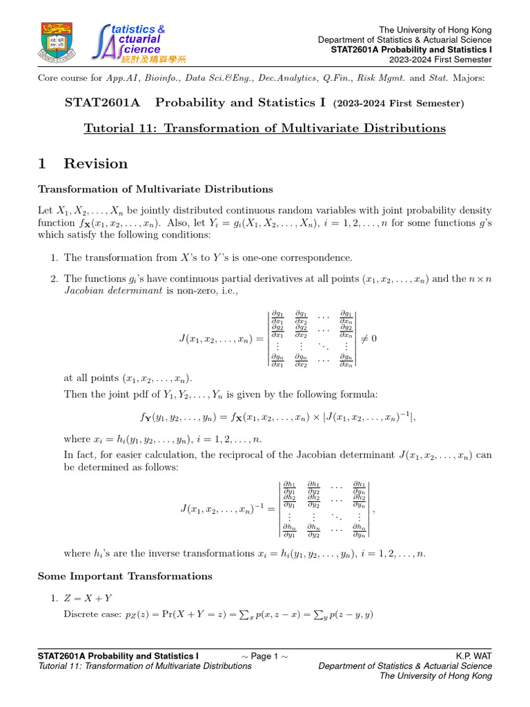 STAT2601A (23-24, 1st) Tutorial 11 | PDF | Probability Density Function | Mathematical Objects