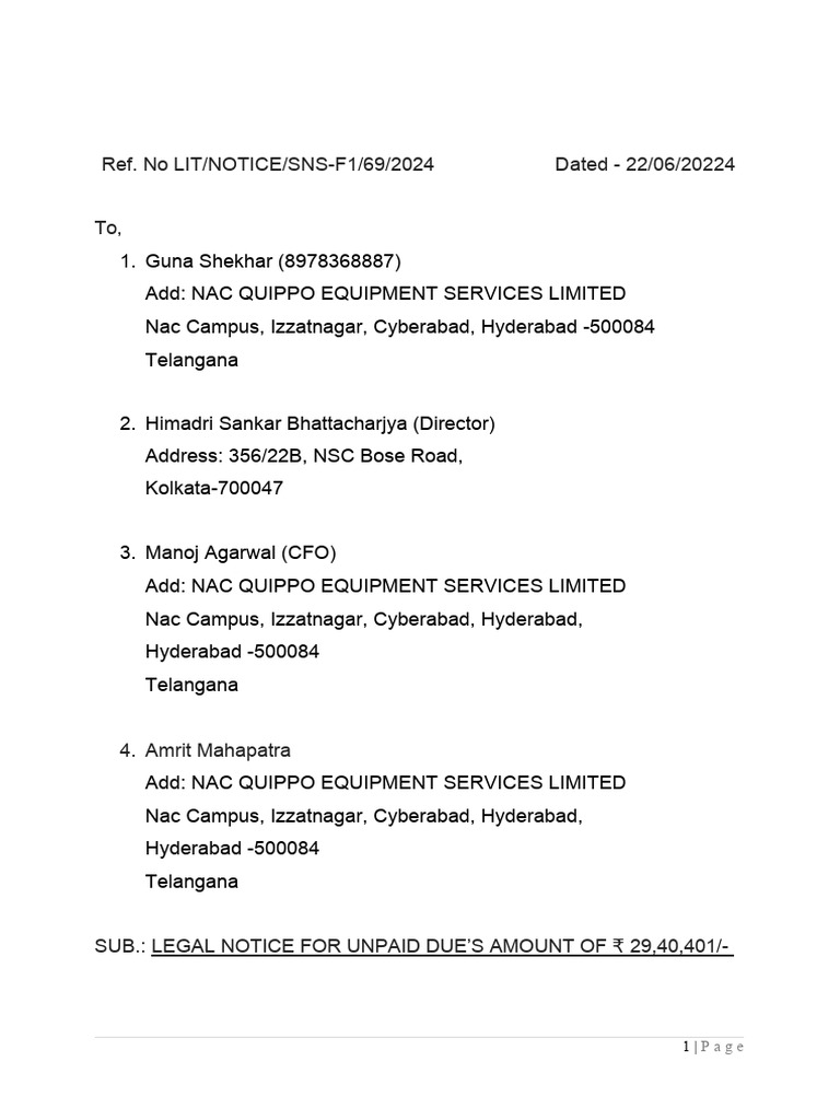 Legal Notice Format For The Recovery of Money | PDF | Common Law | Justice