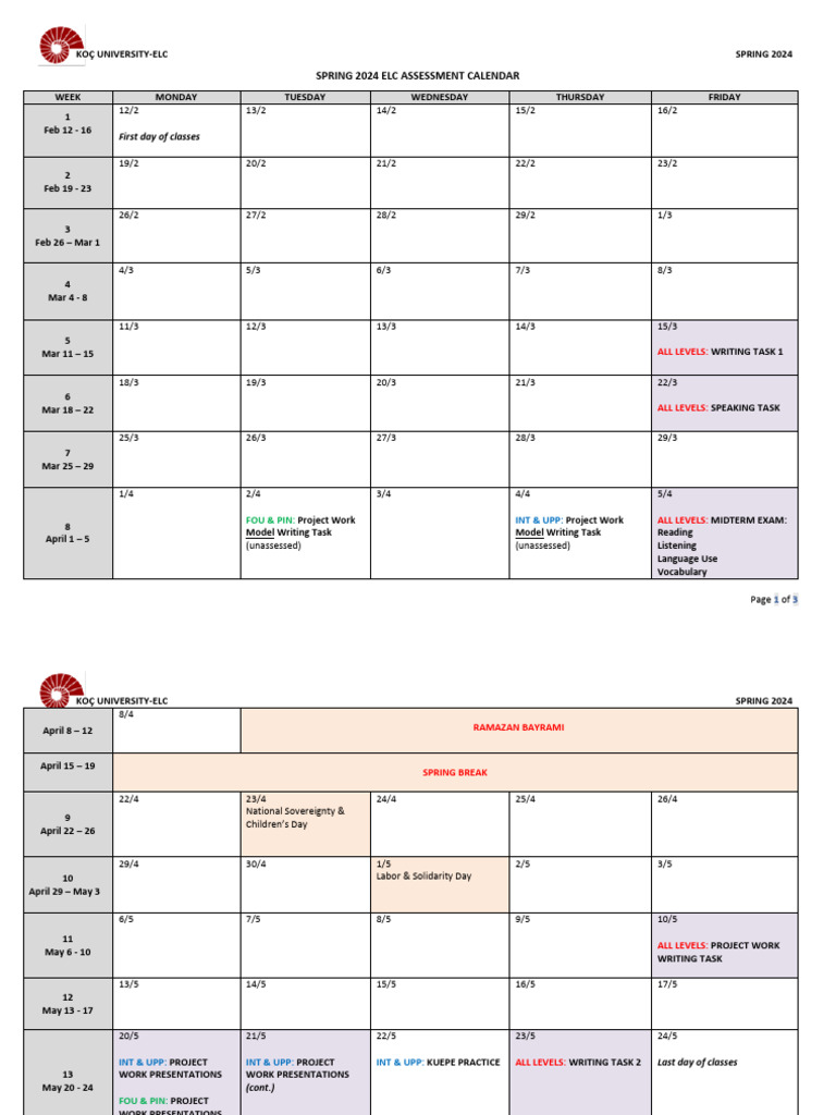 Spring 2024 ELC Assessment Schedule | PDF