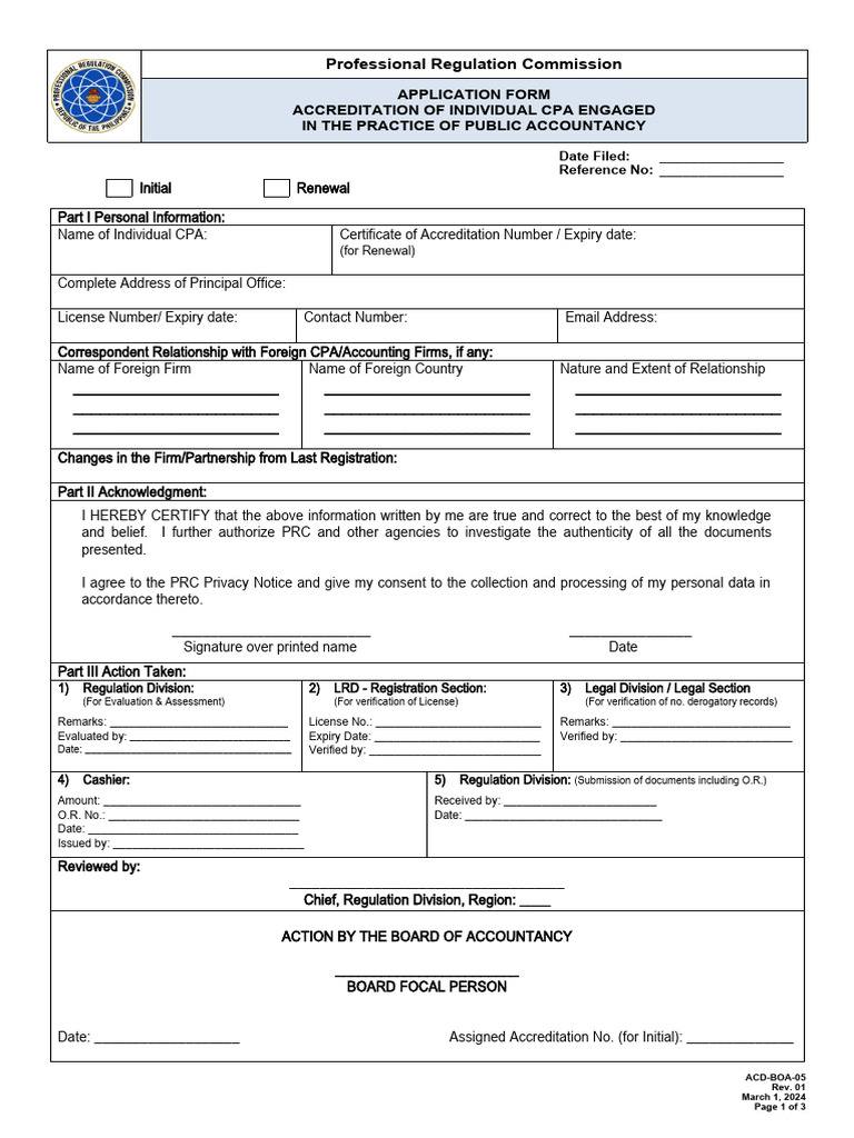 ACD-BOA-05 Rev 01 App Form Acc of Individual CPA | PDF | Certified ...