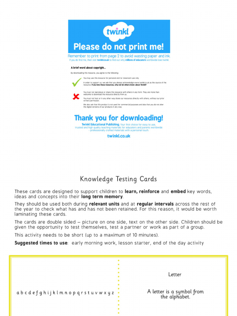 T L 4952 Knowledge Testing Cards Literacy Year 1 Terminology | PDF