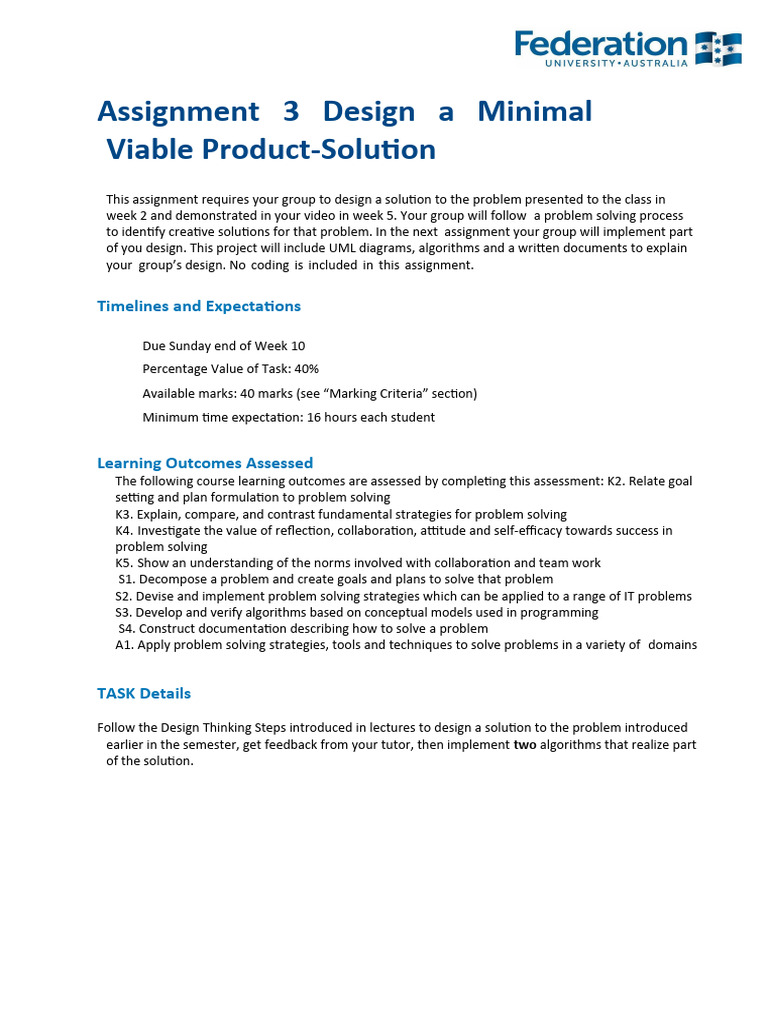 ITECH1101 Assignment 3 Design A Minimal Viable Solution-2024-V3 | PDF | Algorithms | Unified ...