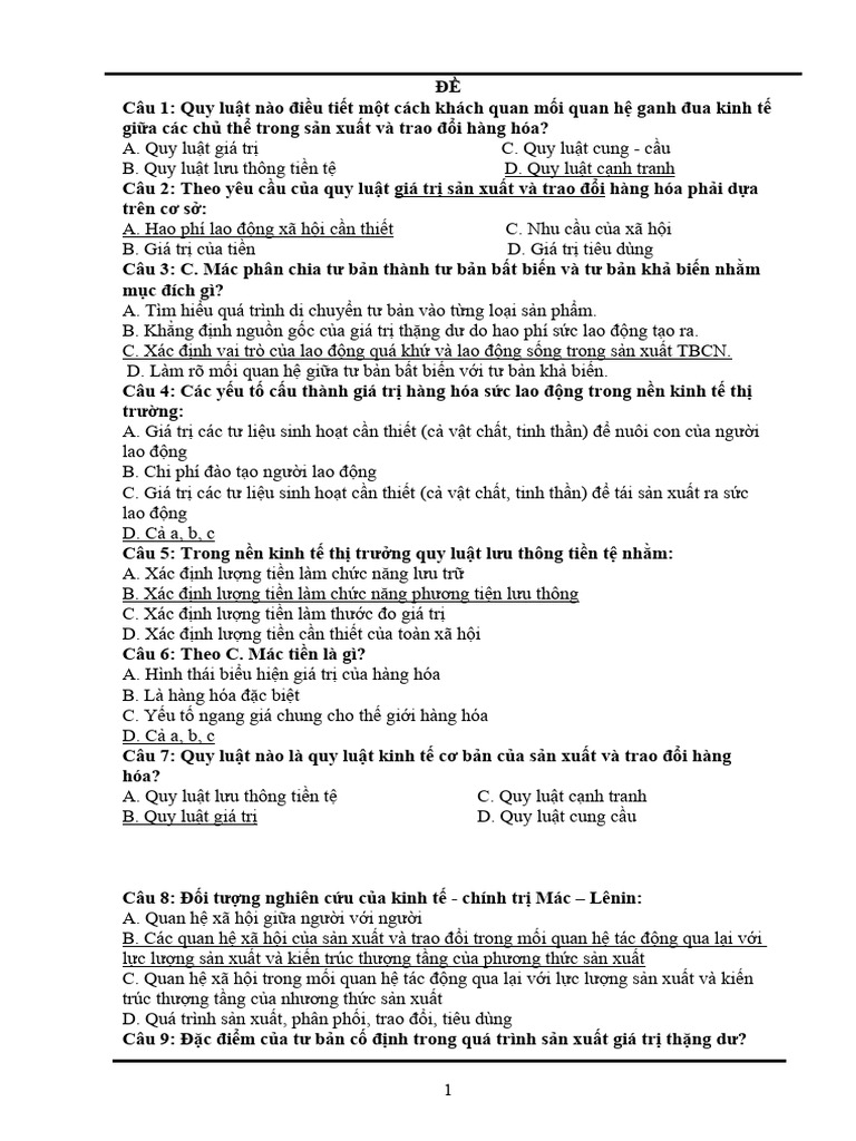 ĐÁP ÁN KTCT- ĐỀ THI+TRẮC NGHIỆM TỪNG CHƯƠNG GK | PDF