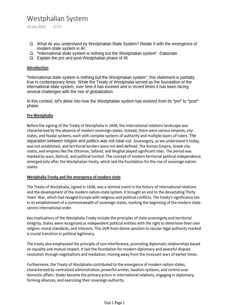 Westphalian System | PDF | State (Polity) | Sovereignty