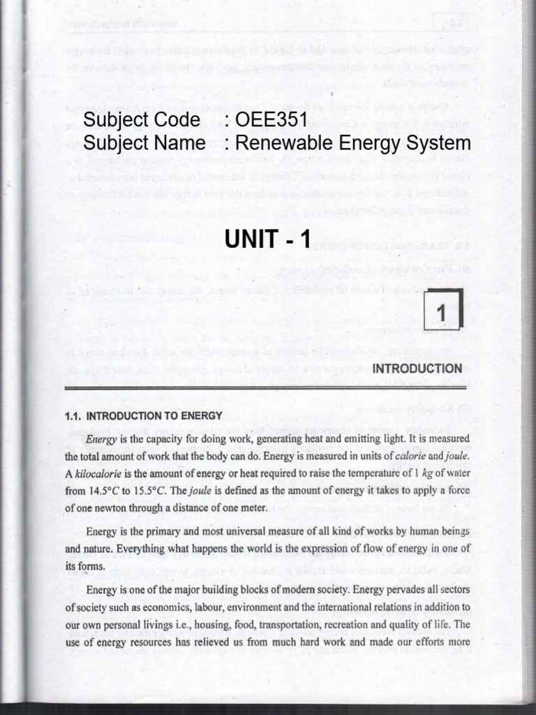 Unit - 1 RES Notes | PDF | Energy Development | Renewable Energy