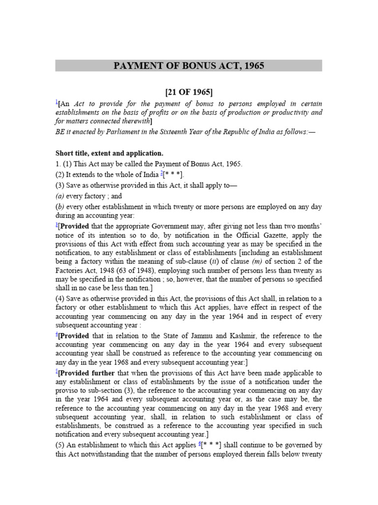 Payment of Bonus Act 1965 | PDF | Cost Of Living | Salary