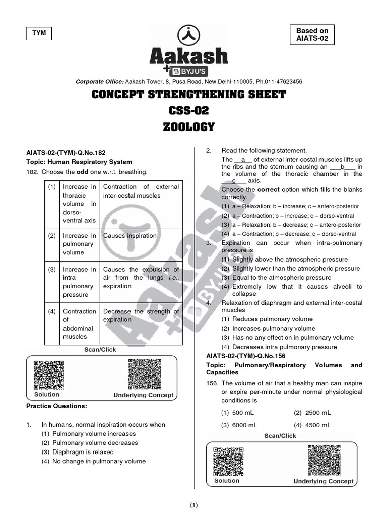 Concept Strengthening Sheet (CSS-02) Based On AIATS-02 (TYM) - Zoology | PDF | Lung | Exhalation