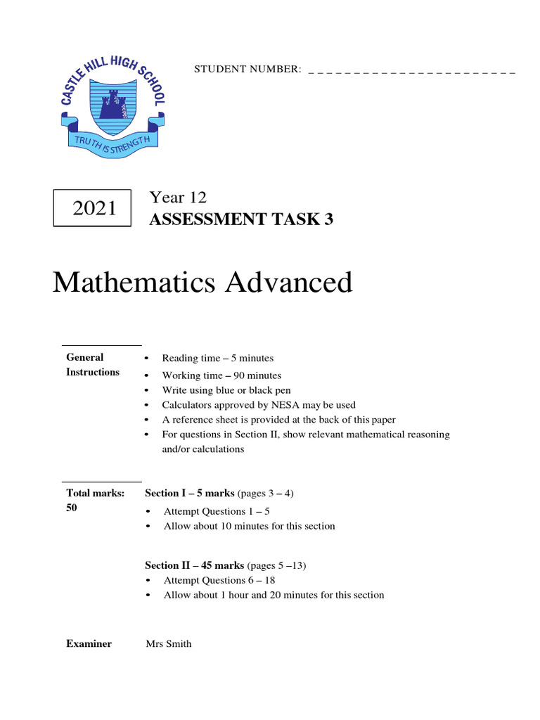 Year 12 Mathematics Advanced Task 3 2021 | PDF | Area | Tangent