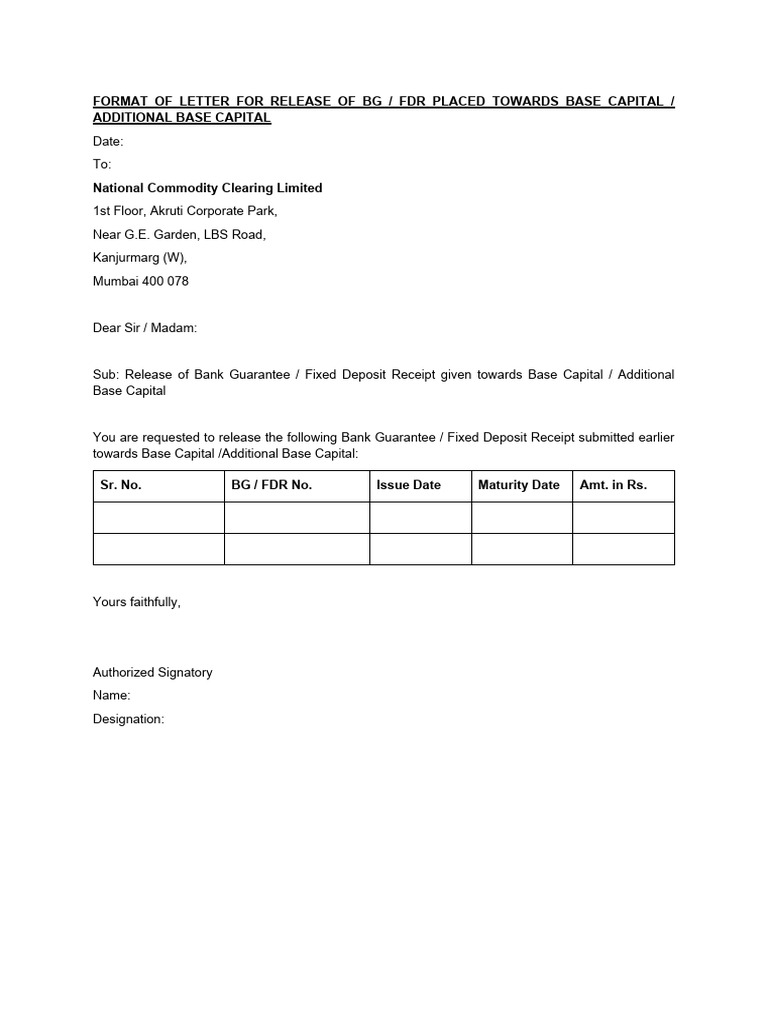 Format of Letter For Release of BG and FDR Placed Towards Base Capital ...