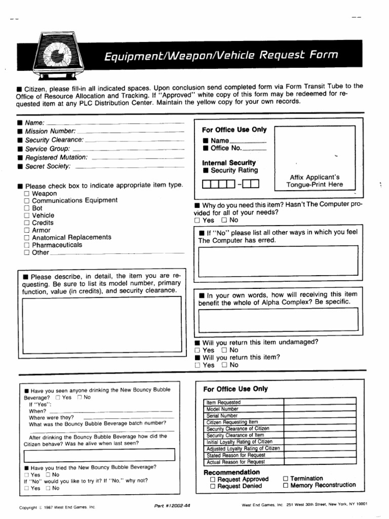 Paranoia Equipment-Weapon-Vehicle Request Form | PDF