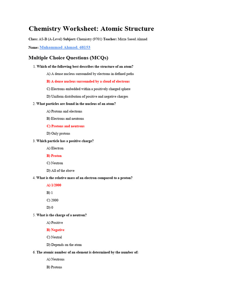 Atomic Structure Chemistry Worksheet | PDF | Atomic Nucleus | Atoms