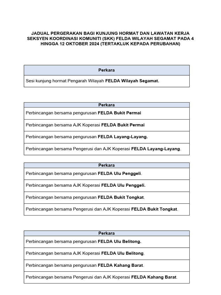 Individu - Jadual Pergerakan SKK - Felda Wilayah Segamat Jun 2024 | PDF