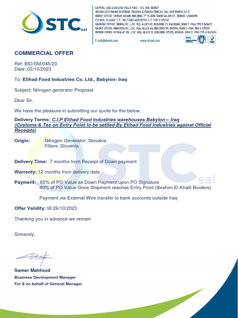 Commercial Offer STC-Etihad Food Industries-N2& Drawings | PDF ...