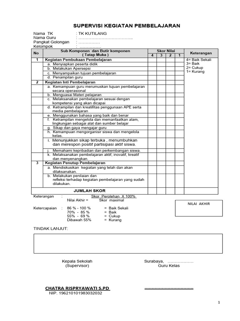 SUPERVISI-KEGIATAN-PEMBELAJARAN-PAUD-TK Fix | PDF