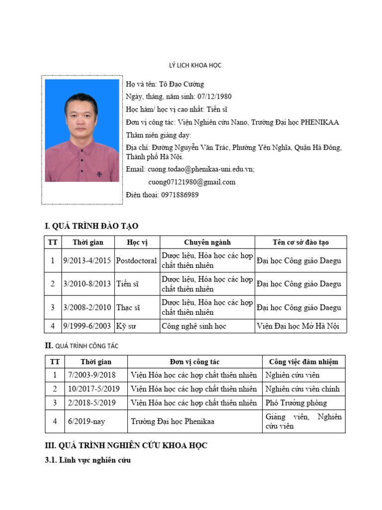 To Dao Cuong Ly Lich Khoa Hoc Phenikaa 2023 Mar 15 | PDF