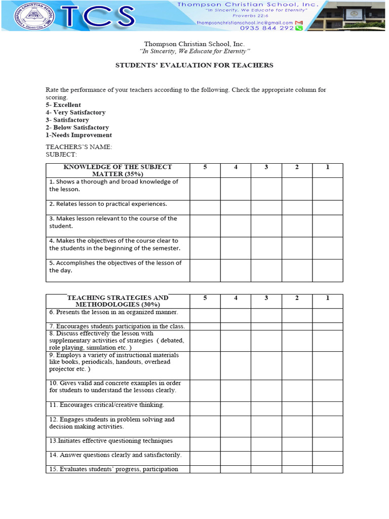 Students Evaluation For Teachers | PDF | Teachers | Classroom Management