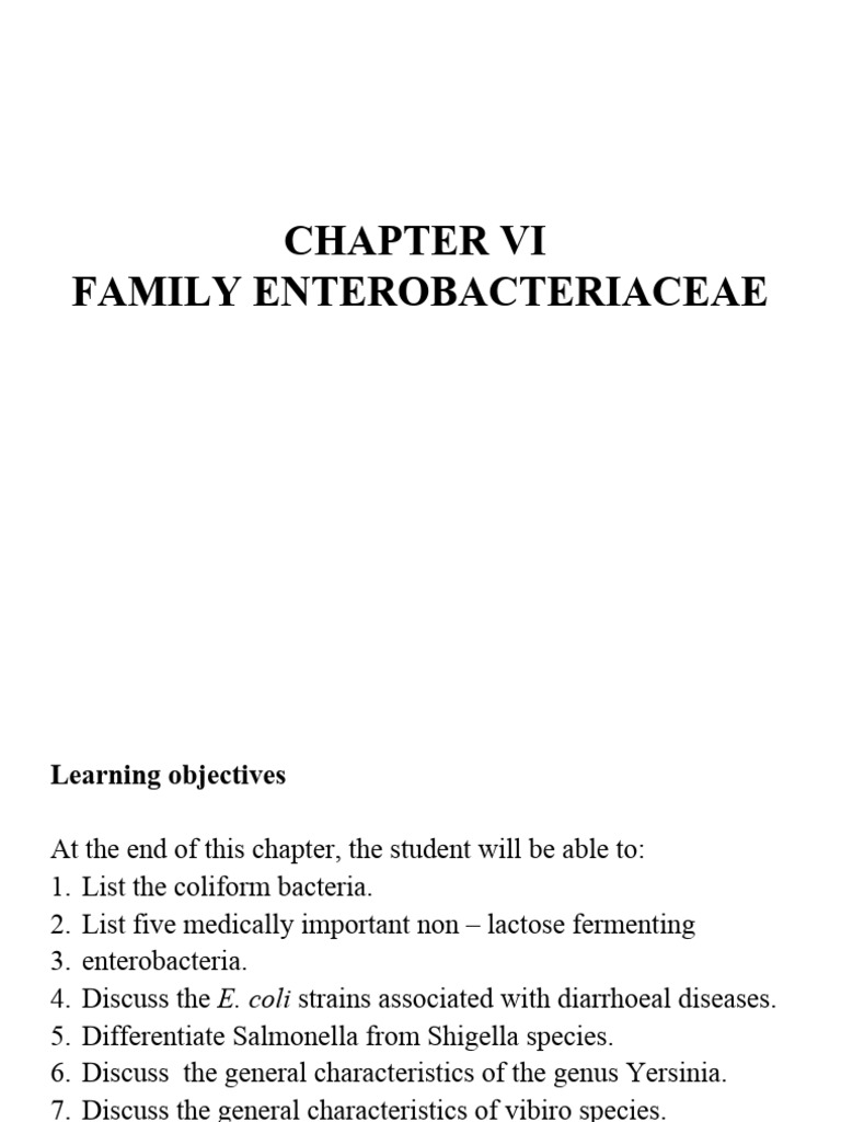 CHAPTER VI Family Enterobacteriaceae | PDF | Salmonella | Infection