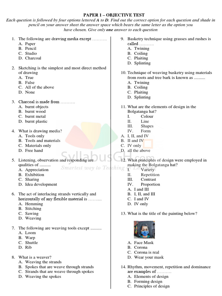 2024 Ultimate Mock Creative Arts & Design 1 | PDF | Weaving | Drawing