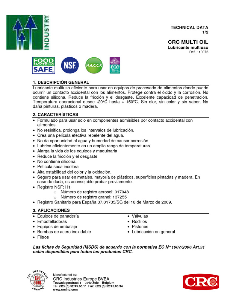 CRC Multi Oil: Lubricante Alimentario | PDF | Lubricante | Corrosión